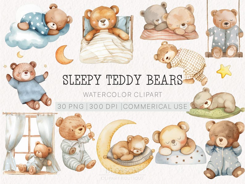 Watercolor Clipart Sleepy Teddy Bears | Cute Baby Bear Illustrations ...