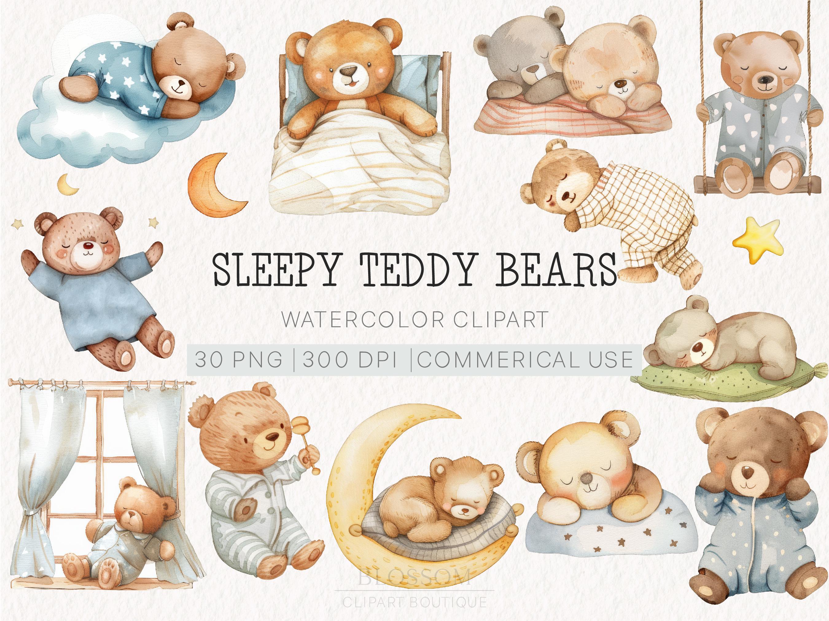 Watercolor Clipart Sleepy Teddy Bears | Cute Baby Bear Illustrations ...