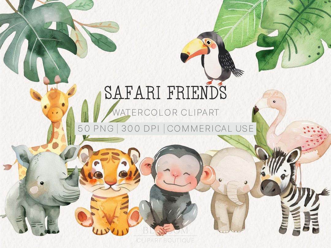 Watercolor Safari Animals Clipart Bundle | Cute Watercolor Jungle ...