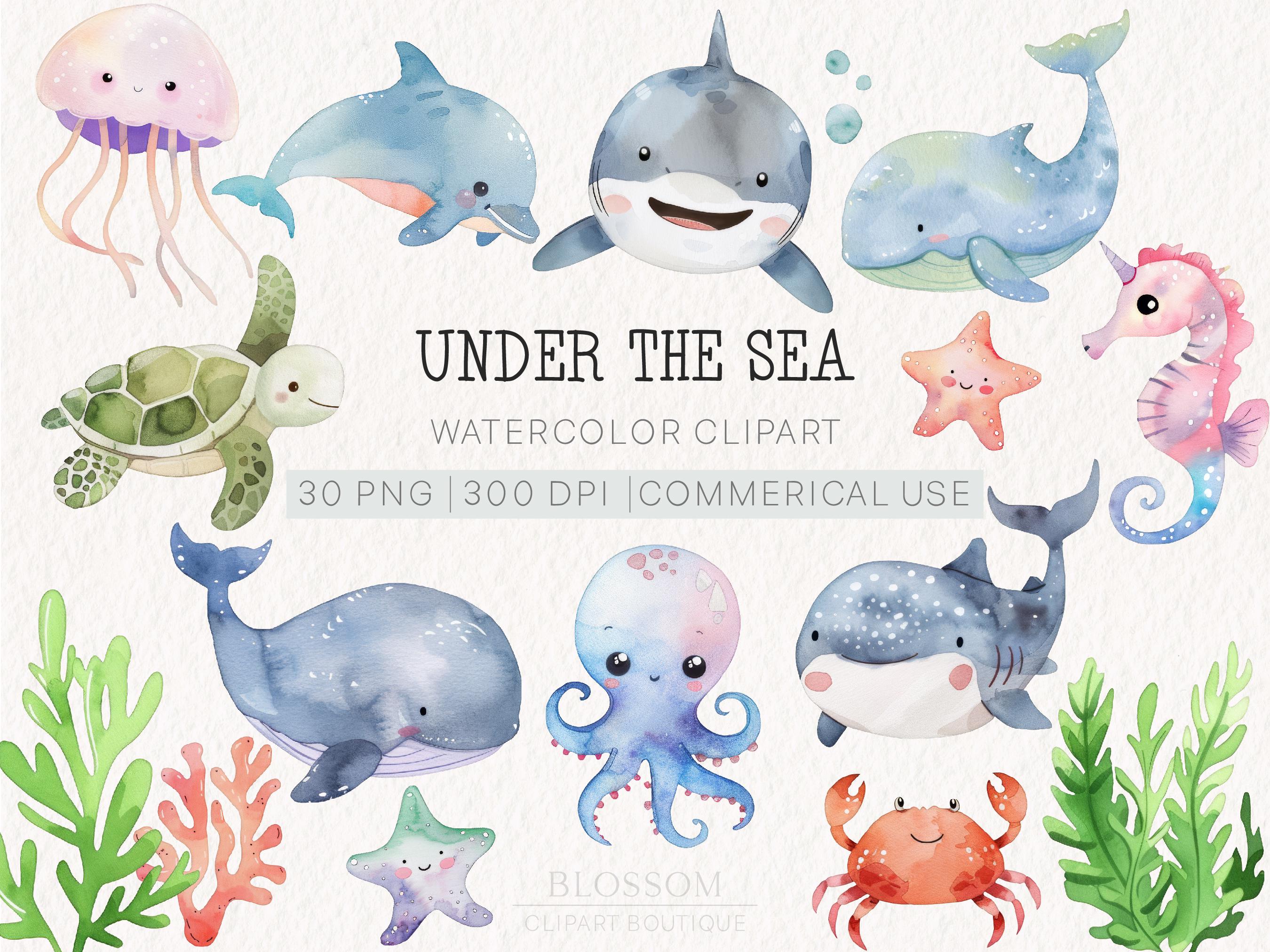 Watercolor Sea Animals Clipart Bundle | Cute Watercolor Ocean Animals ...