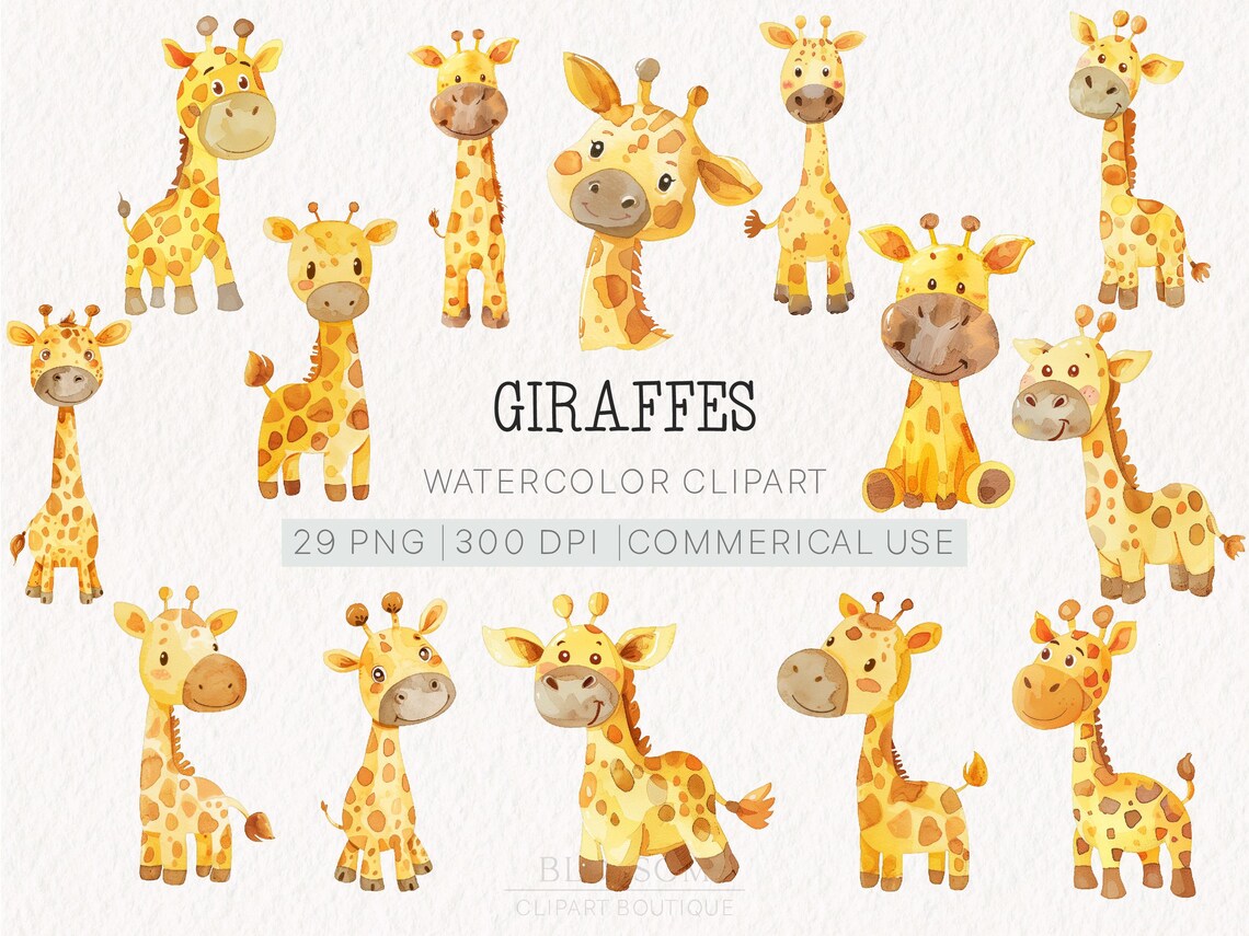 Watercolor Giraffe Clipart Set | 29 PNG | 300 DPI | Commercial Use ...