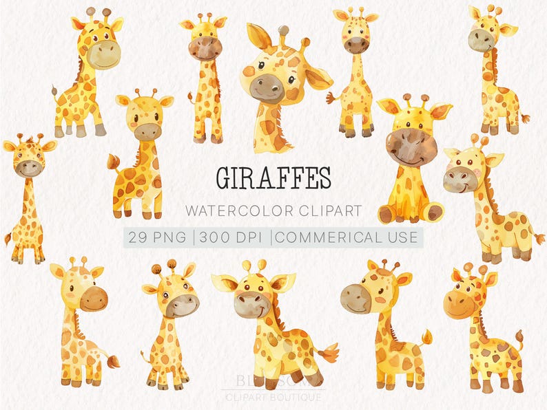 Watercolor Giraffe Clipart Set | 29 PNG | 300 DPI | Commercial Use ...