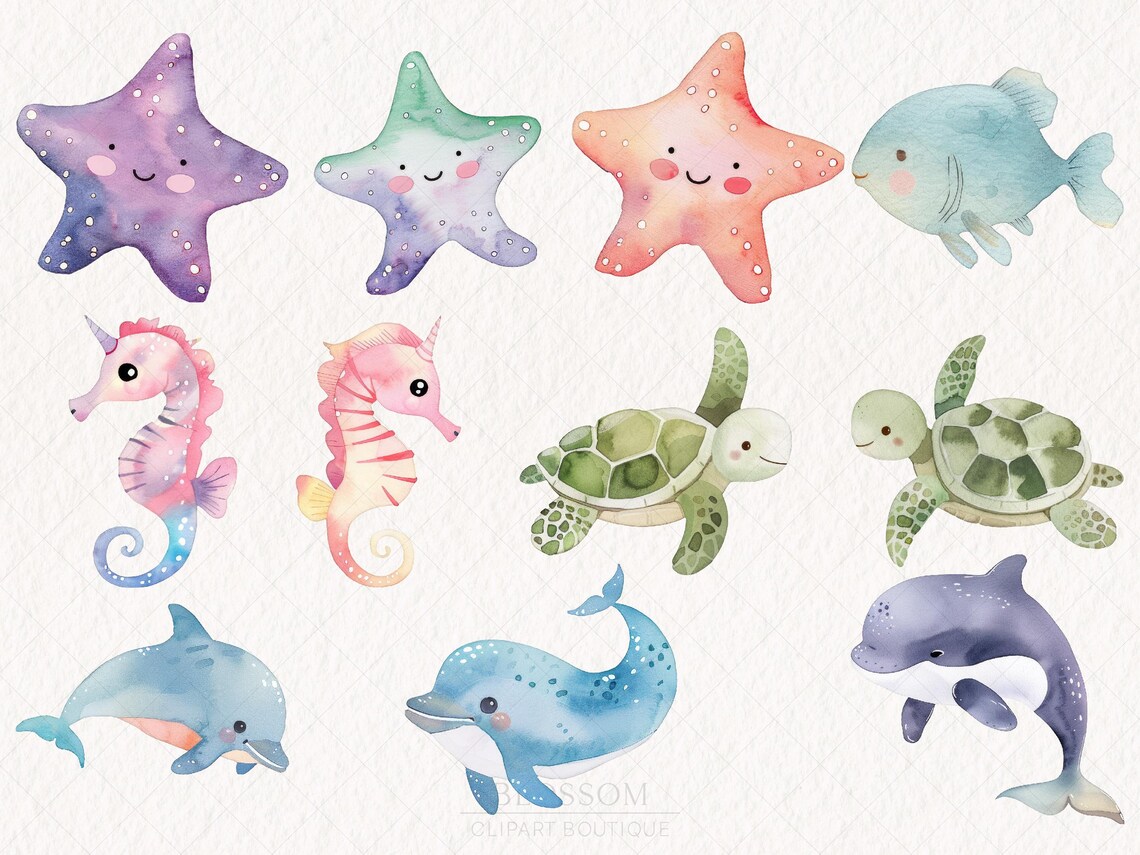 Watercolor Sea Animals Clipart Bundle | Cute Watercolor Ocean Animals ...