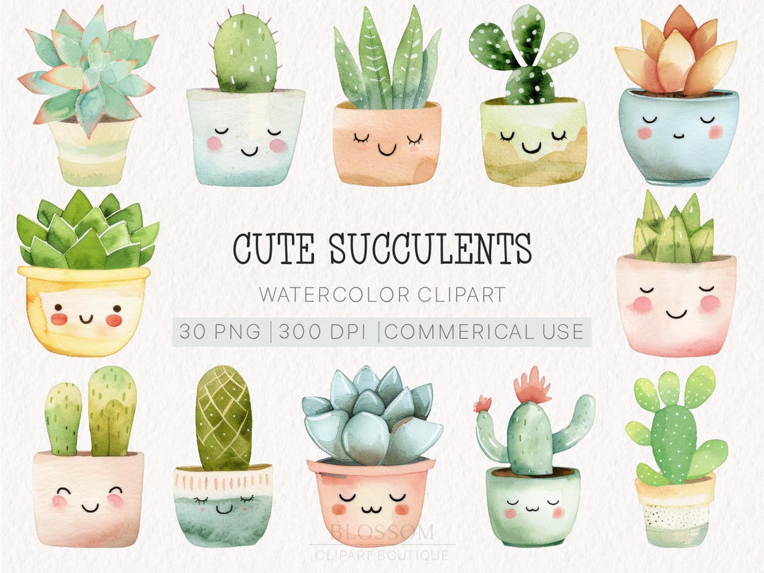 Watercolor Succulent Clipart Set | 30 PNG Plant Illustrations | 300 DPI ...