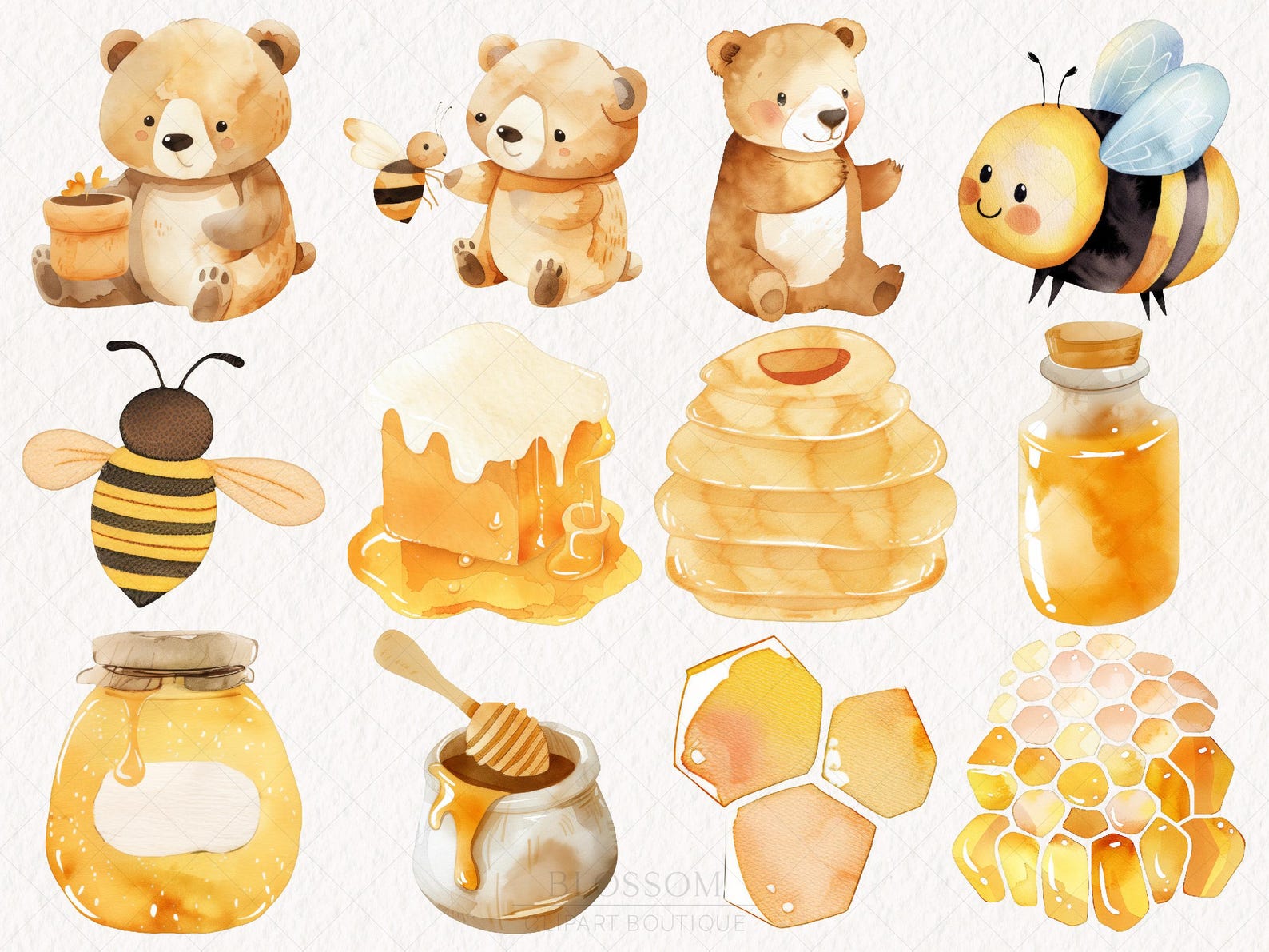 Watercolor Honey Bear Clipart Bundle | Woodland Creatures and Honeycomb ...