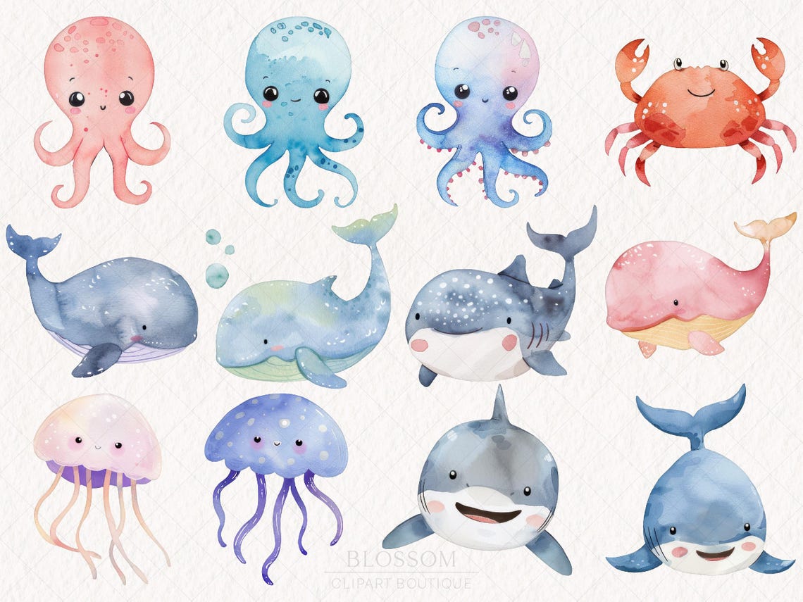 Watercolor Sea Animals Clipart Bundle | Cute Watercolor Ocean Animals ...