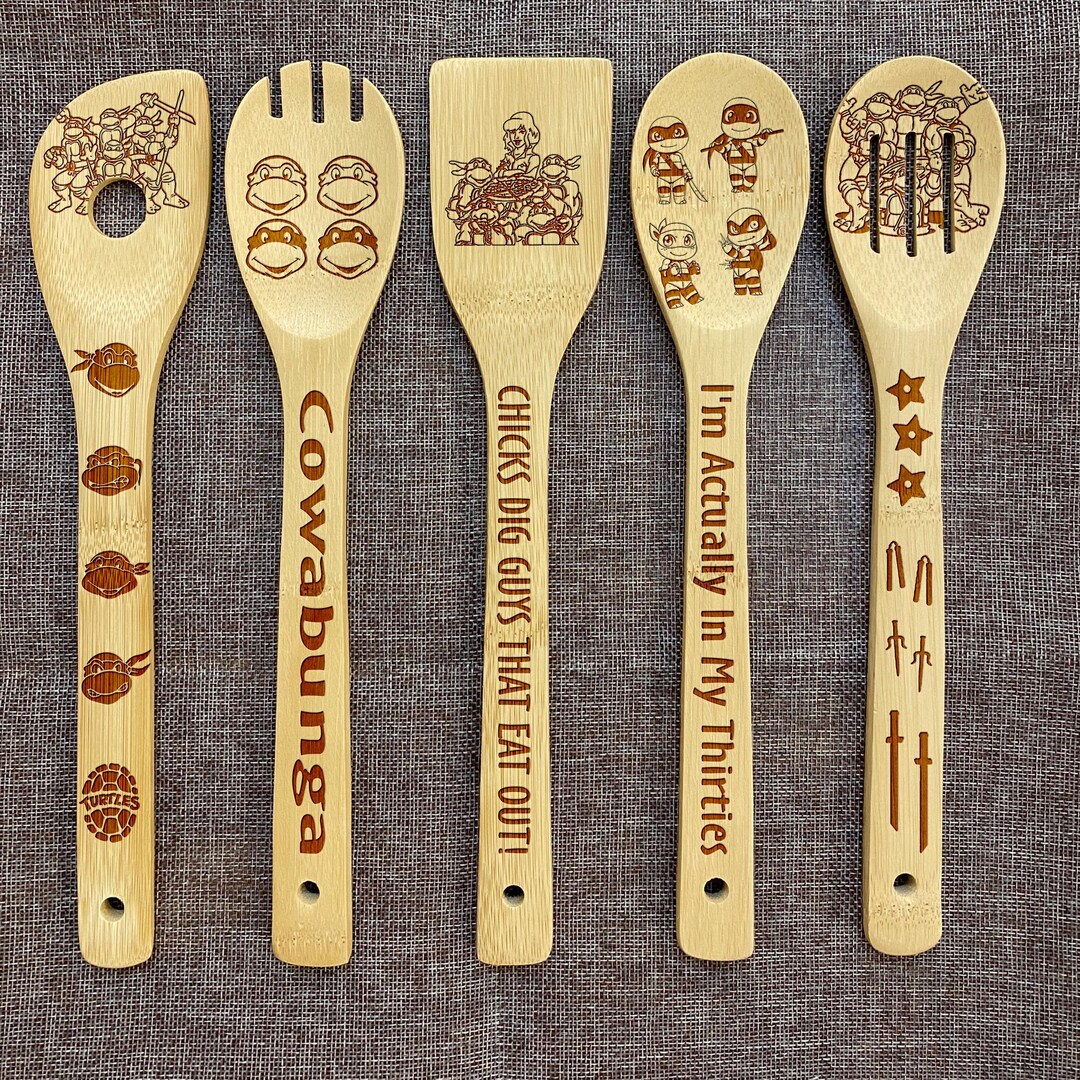 Turtle TMNT Wood Utensil Set, Ninja Turtle Engraved Utensils for ...