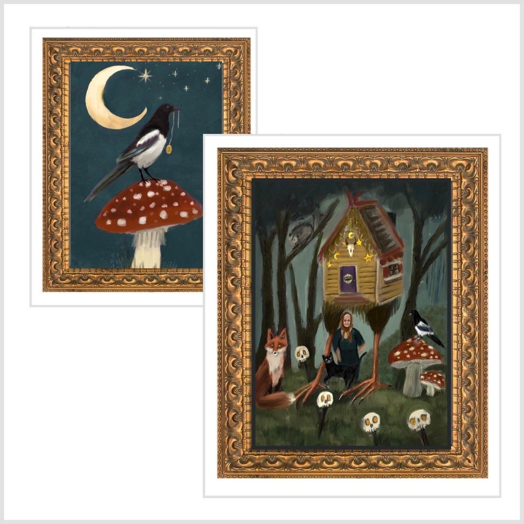 Baba Yaga and Gothic Magpie Art Print Set Witchy Folk Art, 8x10 Dark ...