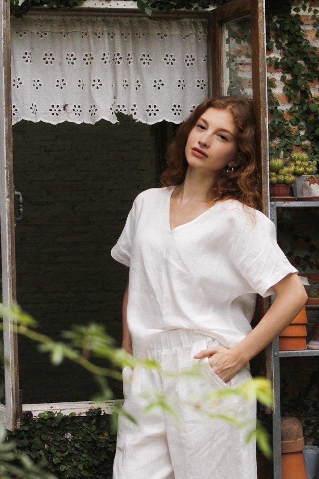 White Linen Basic Top, Linen Top Comfort Wear, V-neck, Natural Fabric ...