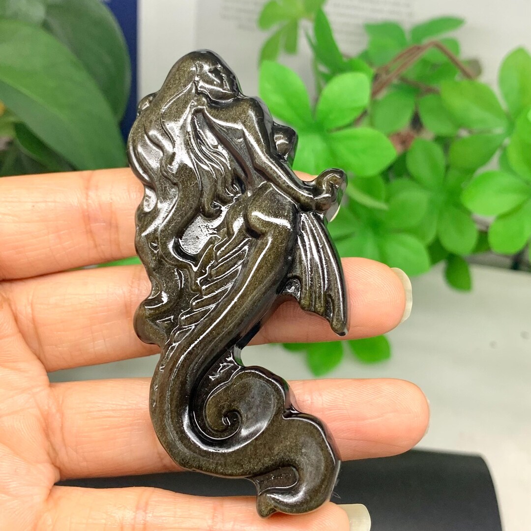 3.2 Natural Gold Obsidian Mermaid Hand Carved Skull Mineral Hand ...