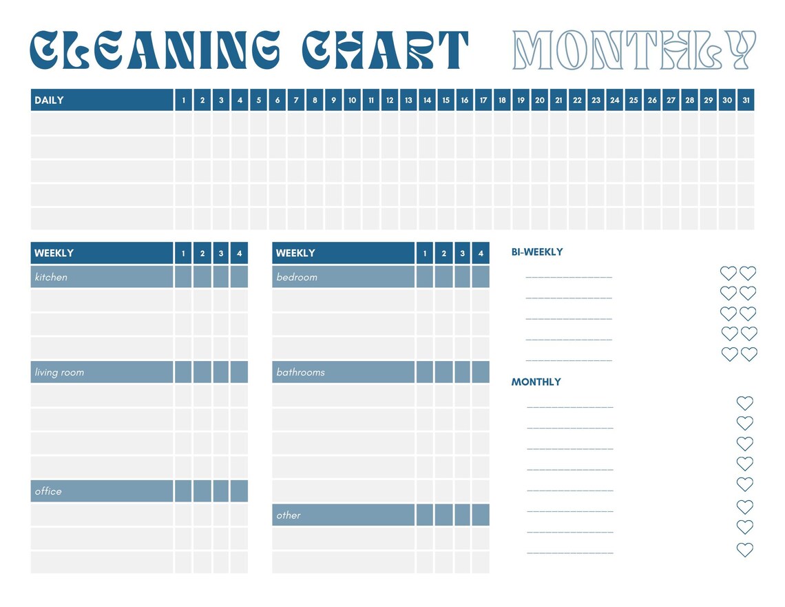 Fully Customizable Monthly Cleaning Chart - Etsy