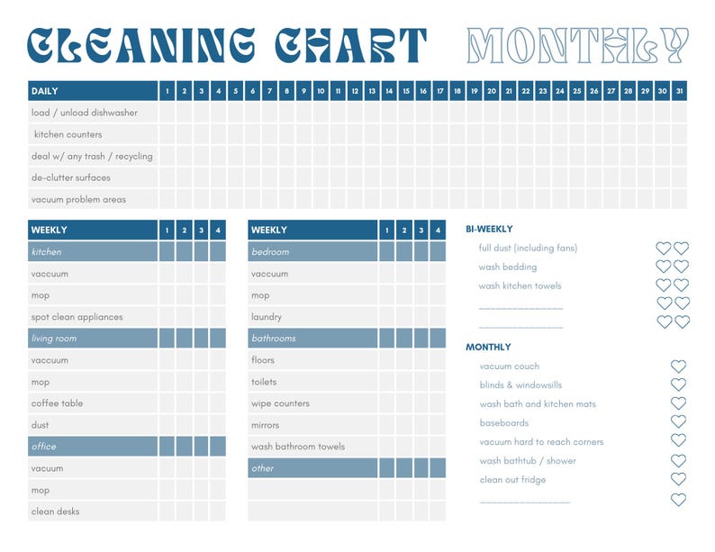 Fully Customizable Monthly Cleaning Chart - Etsy