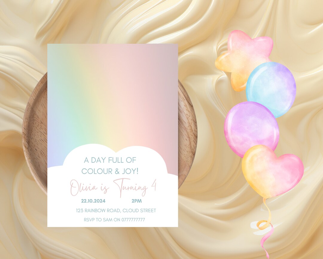Editable Rainbow Themed Birthday Invitation Children's Birthday ...