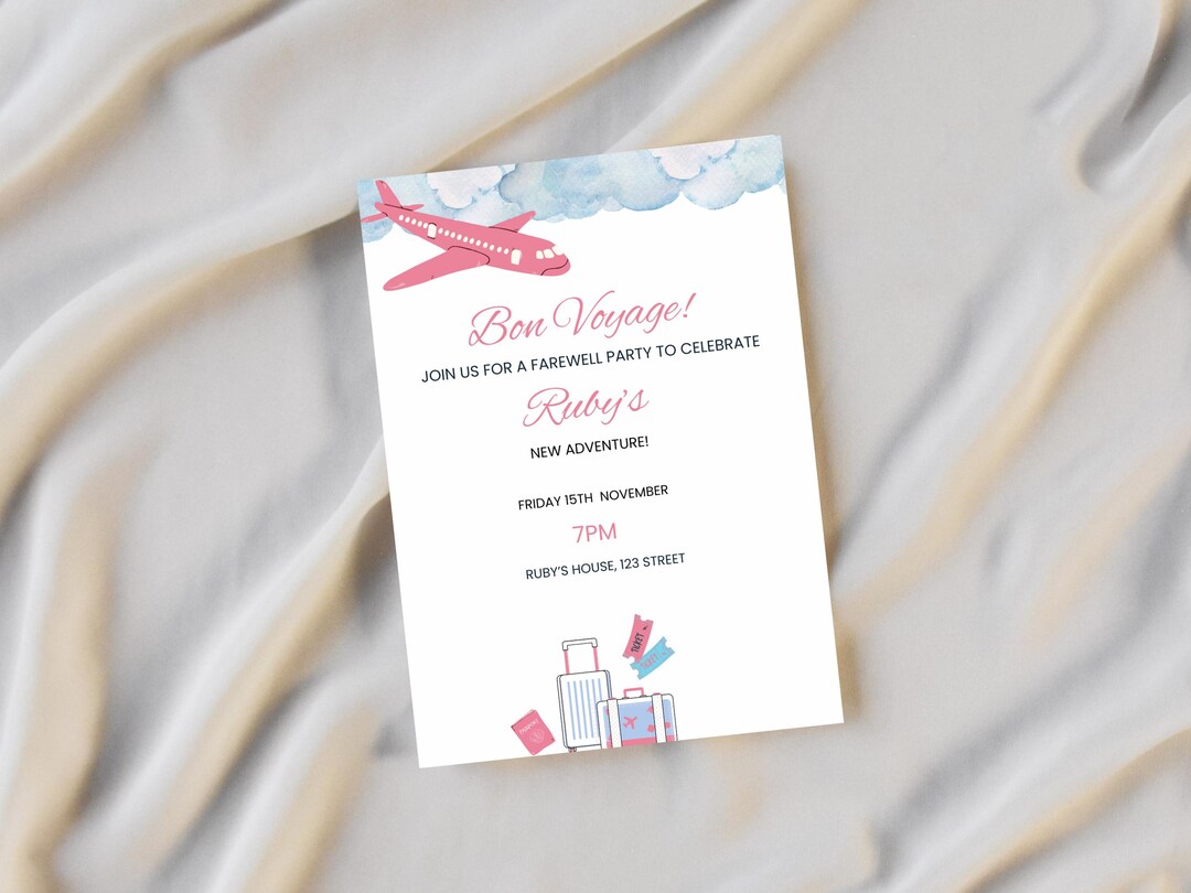 Bon Voyage Invitation | Going Away Party | Pink Airplane & Clouds ...