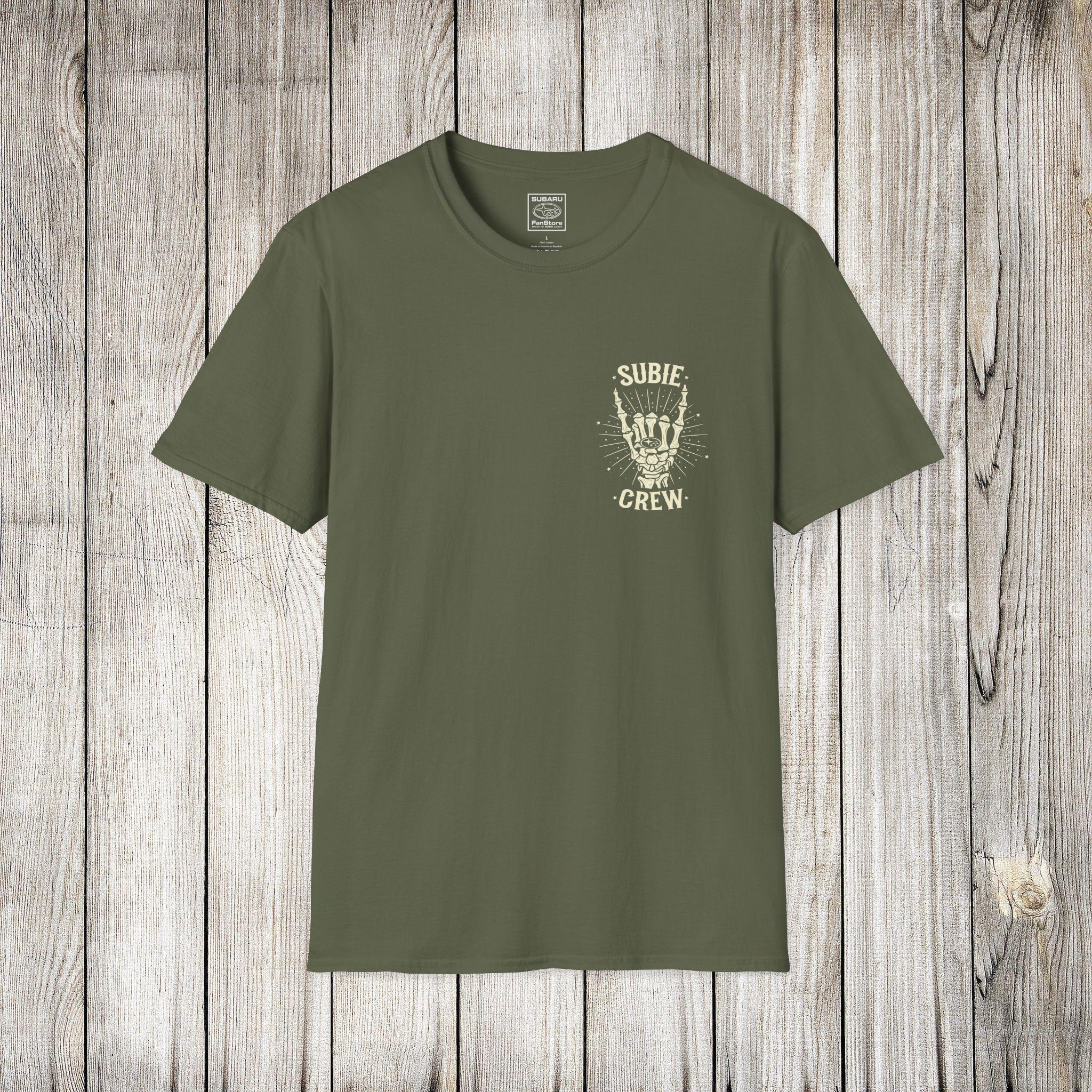Subaru Subie Crew T-shirt, Pocket Logo Skeleton Hand Rock Sign Shirt ...