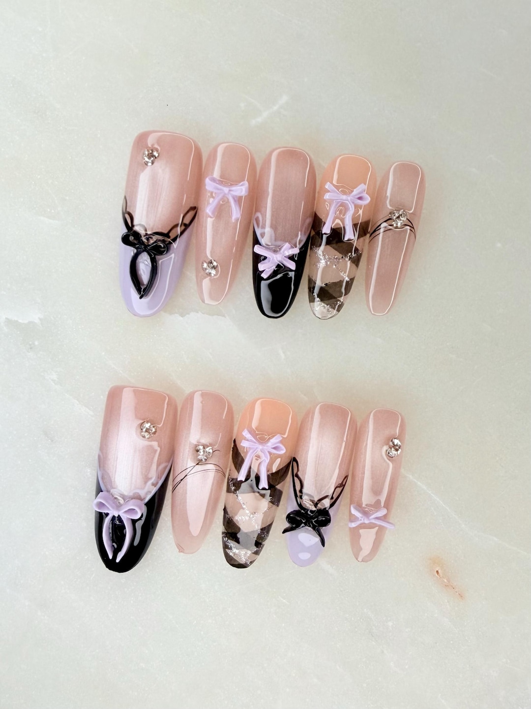 Coquette Press on Nails | Bow French Tips, Cats Eye Design, Purple and ...