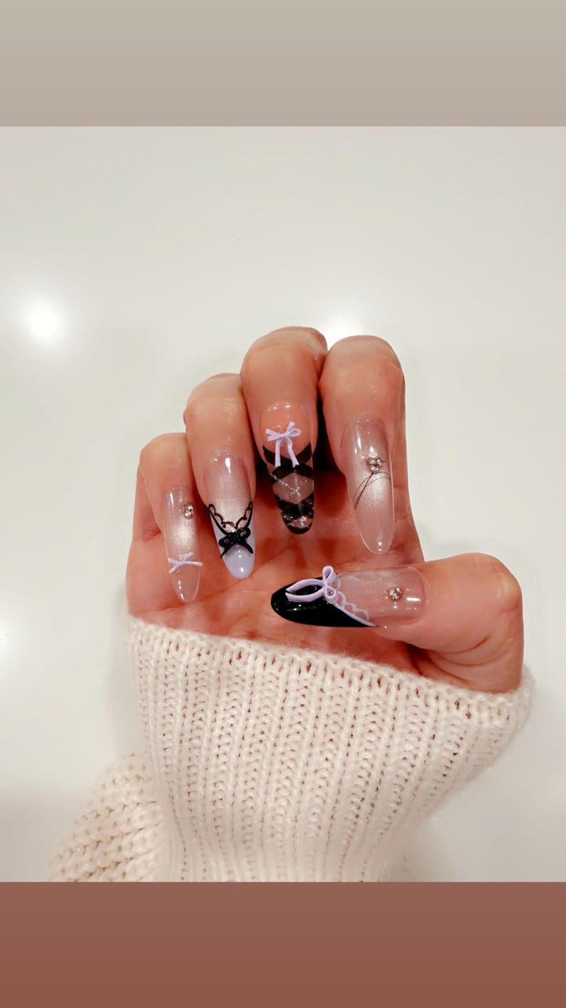 Handmade Press on Nails | Coquette Bow French Tips | Cats Eye & Black ...