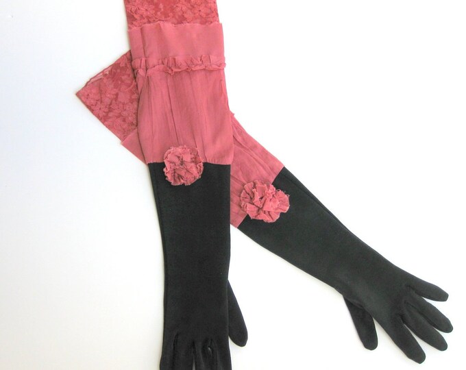 Black and Dusty Rose Long Above the Elbow Gloves Size Small to Medium ...