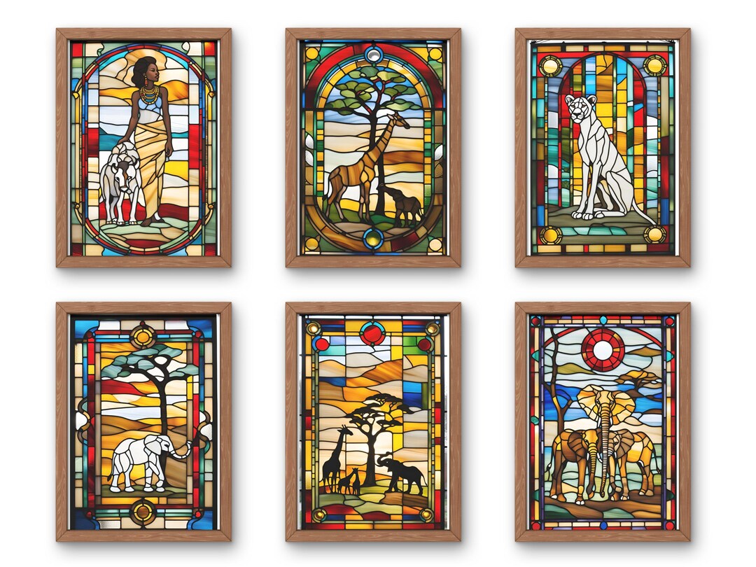 African Stained Glass Art Prints | Set of 6 Safari Animals | Digital ...