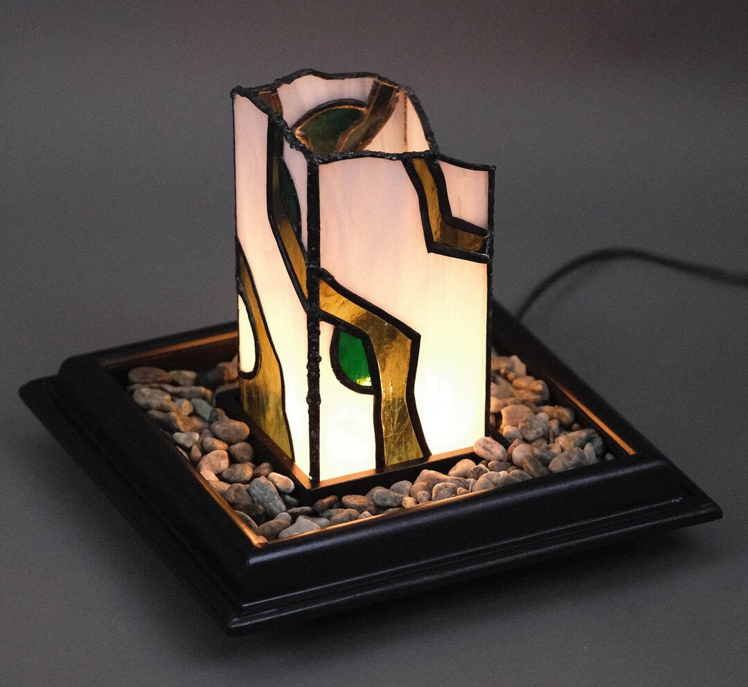 Stained Glass Zen Lamp With Black Wooden Base and Natural Stone Filler ...