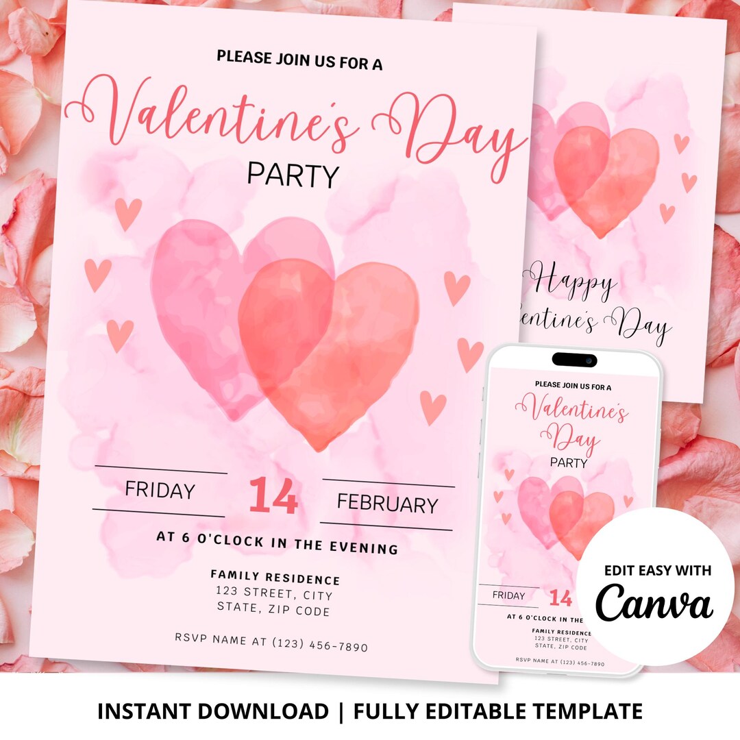 Editable Valentine's Day Party Invitation - Pink and Red Hearts | Canva ...