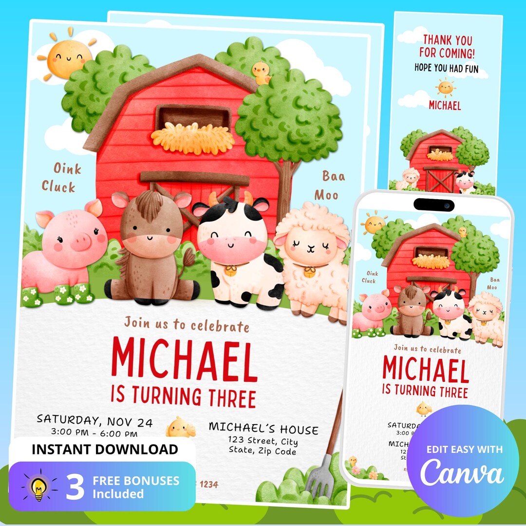 Farm Birthday Invitation | Editable Farm Animal, Barnyard or Ranch ...