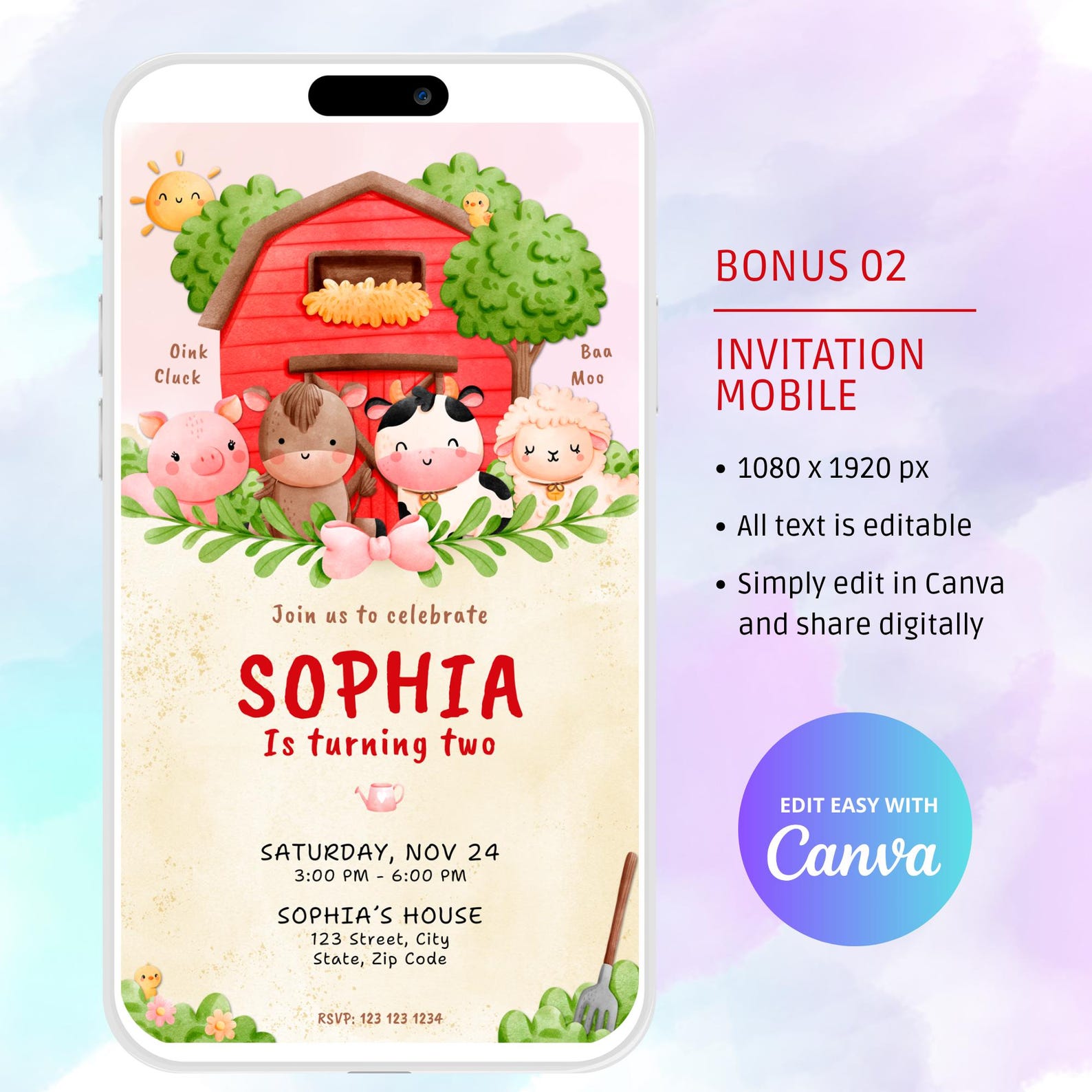 Farm Birthday Invitation for Girls: Barnyard Animals Canva Template ...