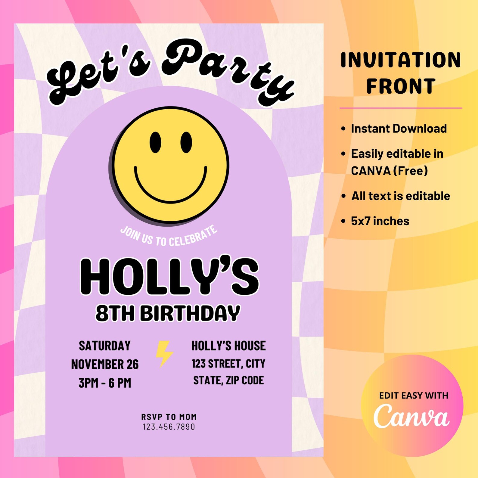 Smiley Face Birthday Invitation | Let’s Party Invite | Canva Template ...