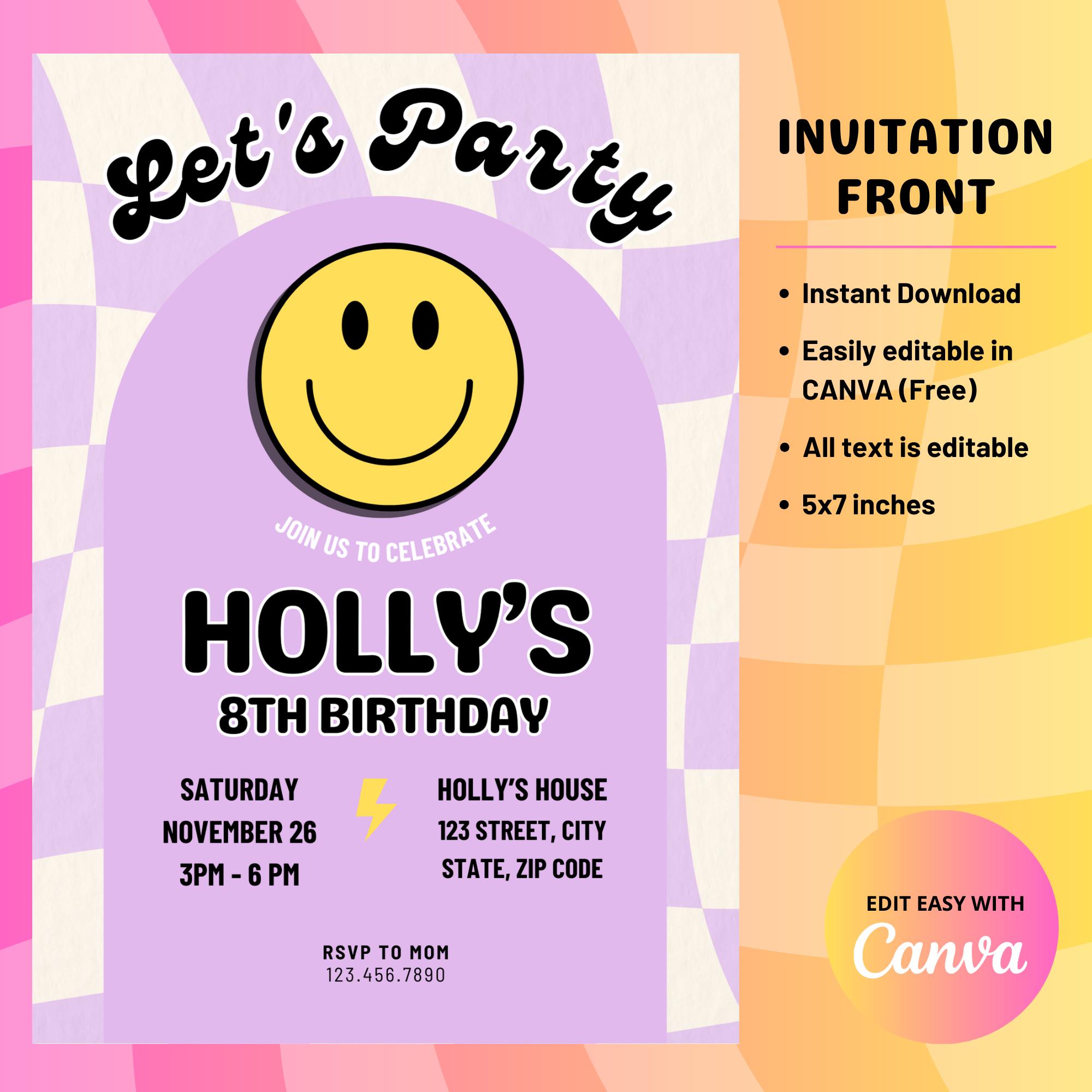 Smiley Face Birthday Invitation | Let’s Party Invite | Canva Template ...