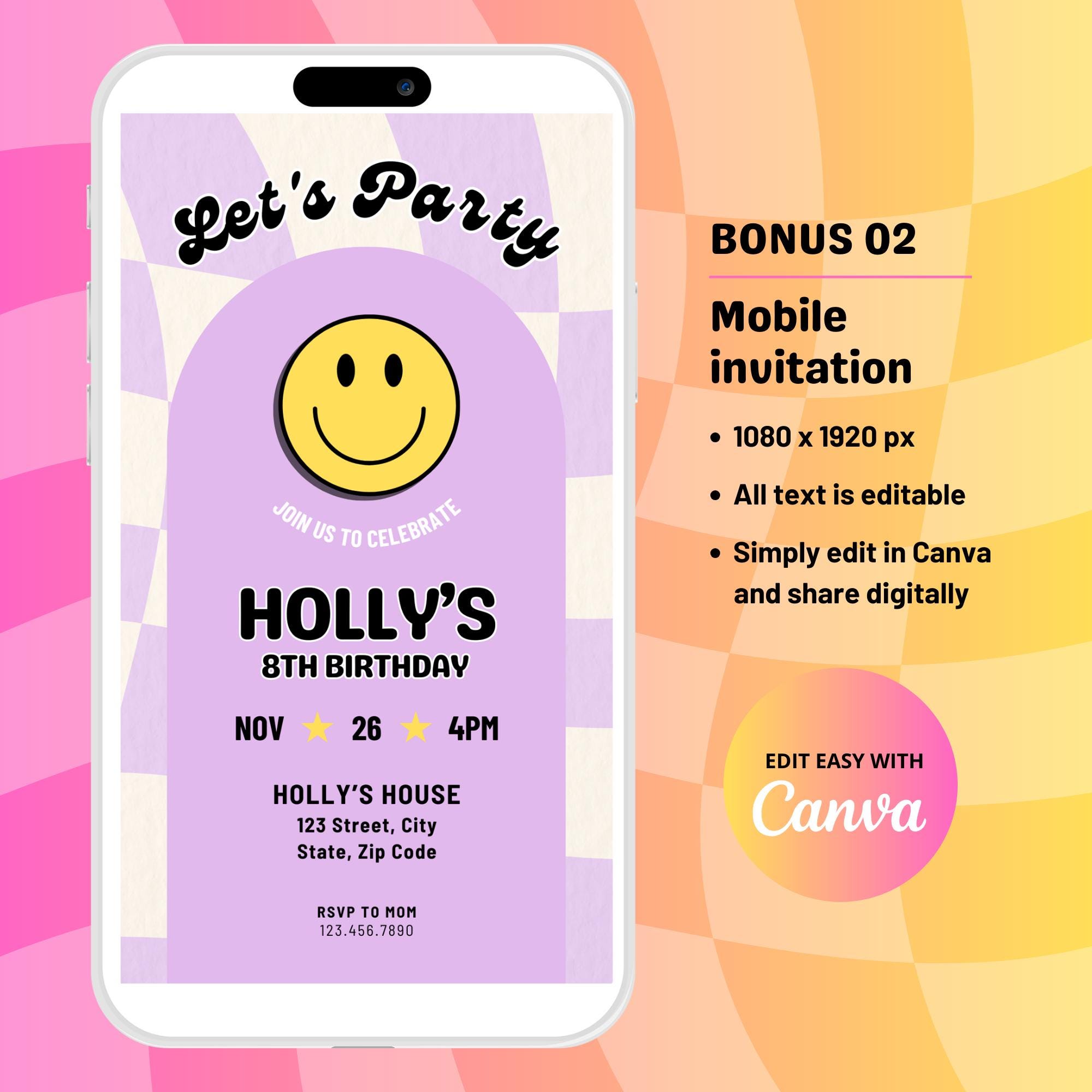 Smiley Face Birthday Invitation | Let’s Party Invite | Canva Template ...