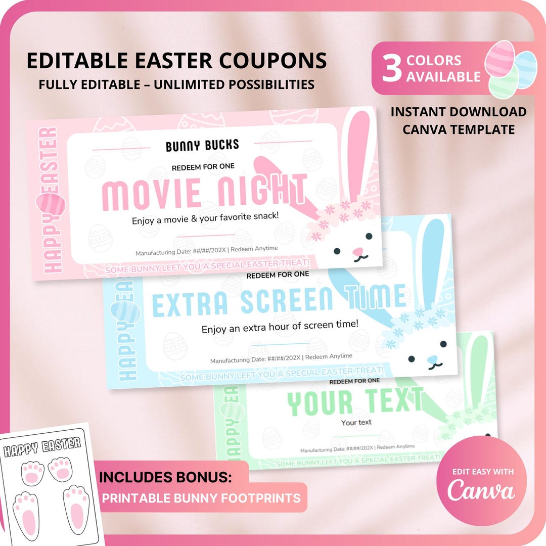 Editable Easter Coupons. Printable Easter Bunny Coupons. Bunny Bucks ...