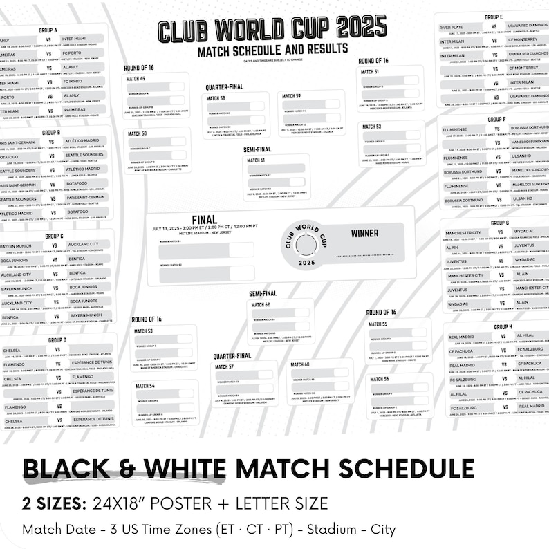 Club World Cup 2025 Wall Chart. Printable Poster + Letter Size. Soccer ...