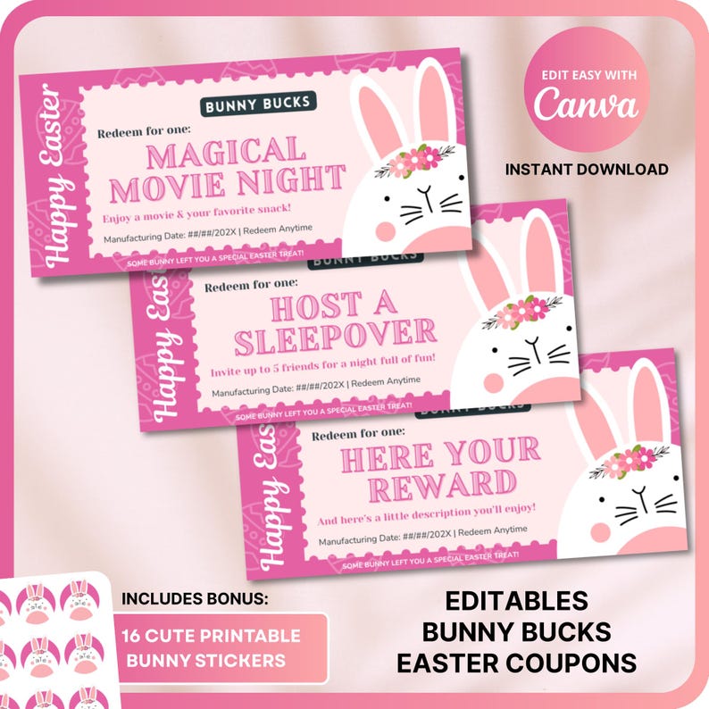 Editable Easter Bunny Bucks & Easter Coupons. Canva Template. Instant ...