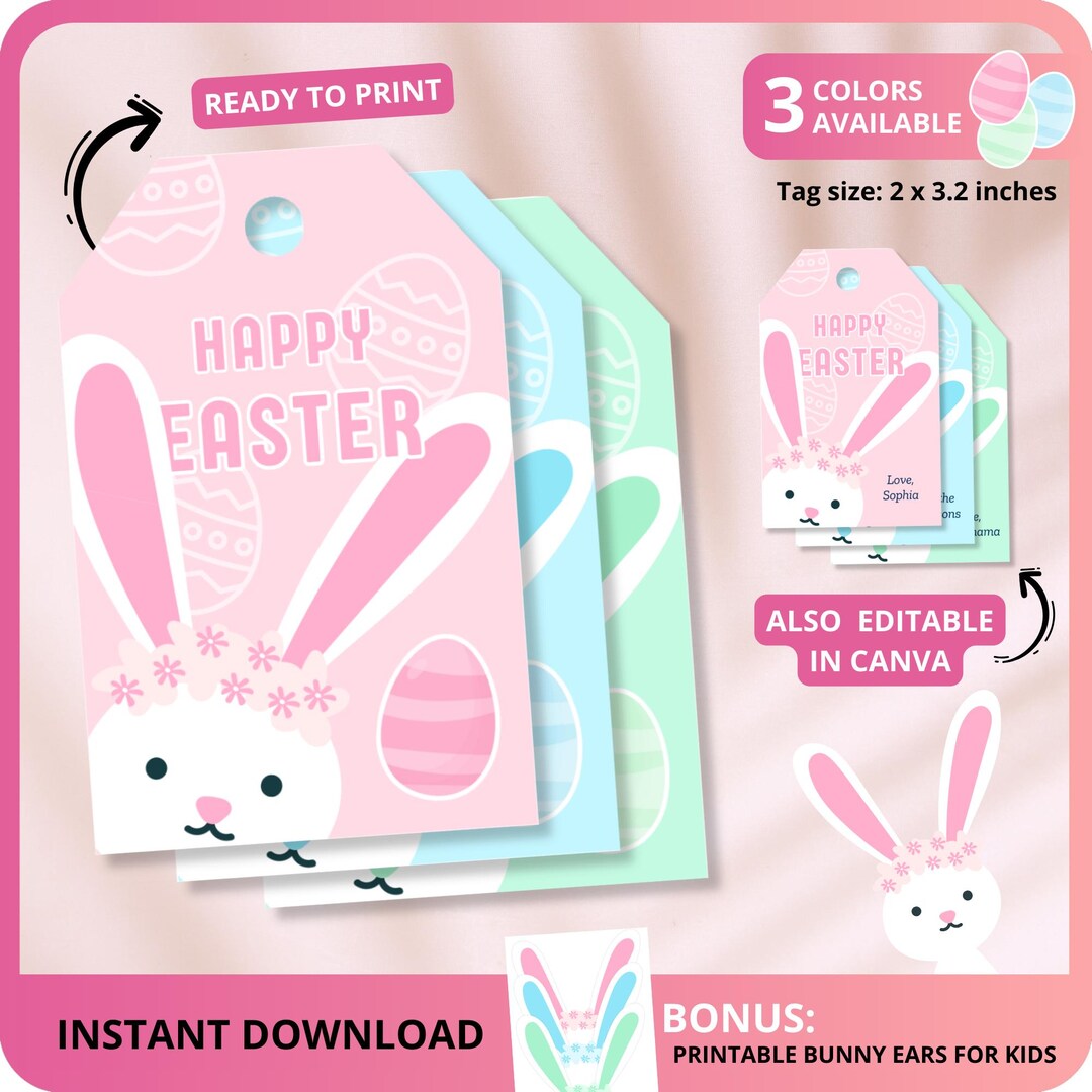 Printable Easter Gift Tags: Bunny Design, Editable in Canva (instant ...