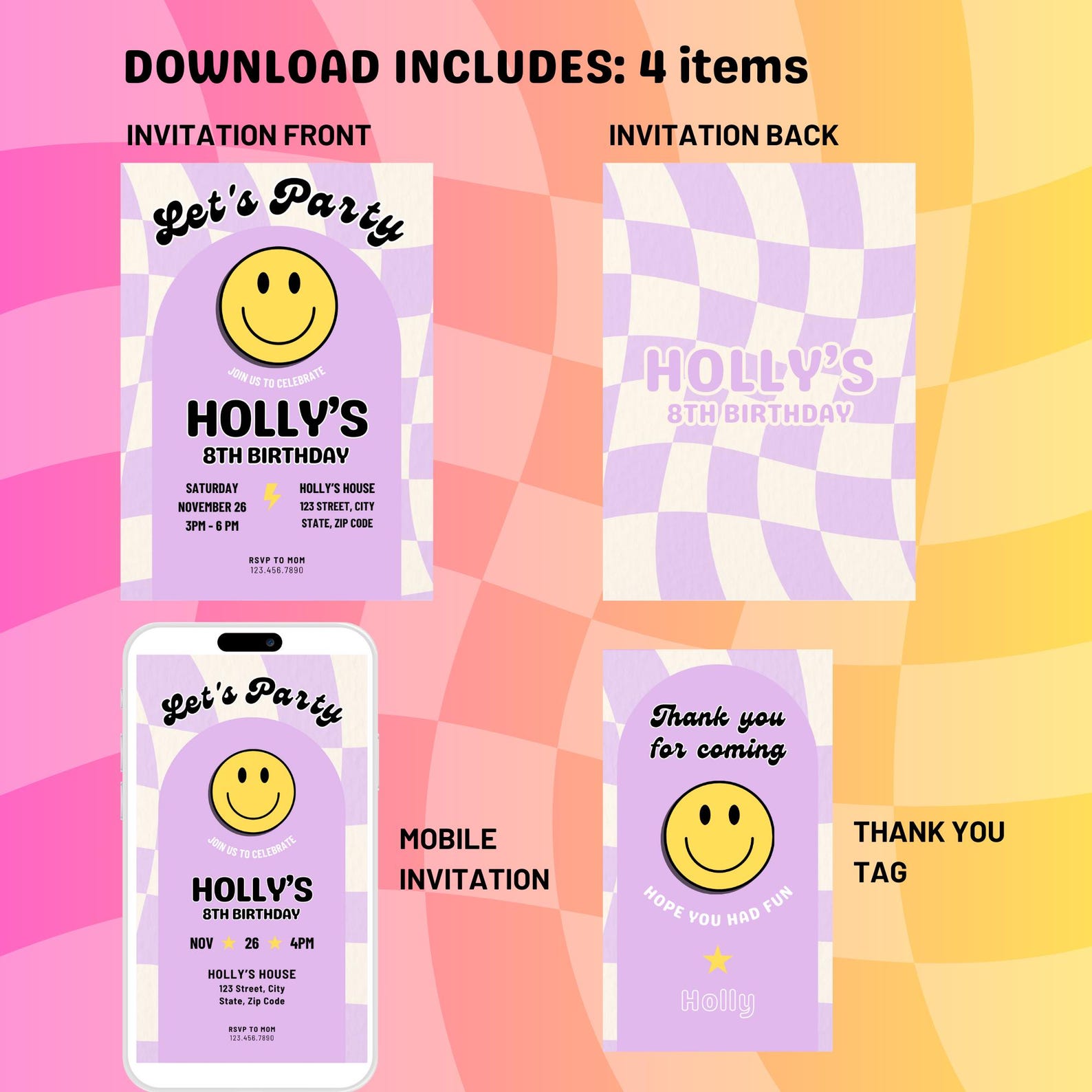 Smiley Face Birthday Invitation | Let’s Party Invite | Canva Template ...