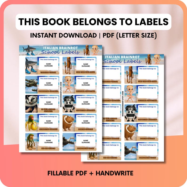 Italian Brainrot School Labels: Printable PDF Name Tags (digital ...