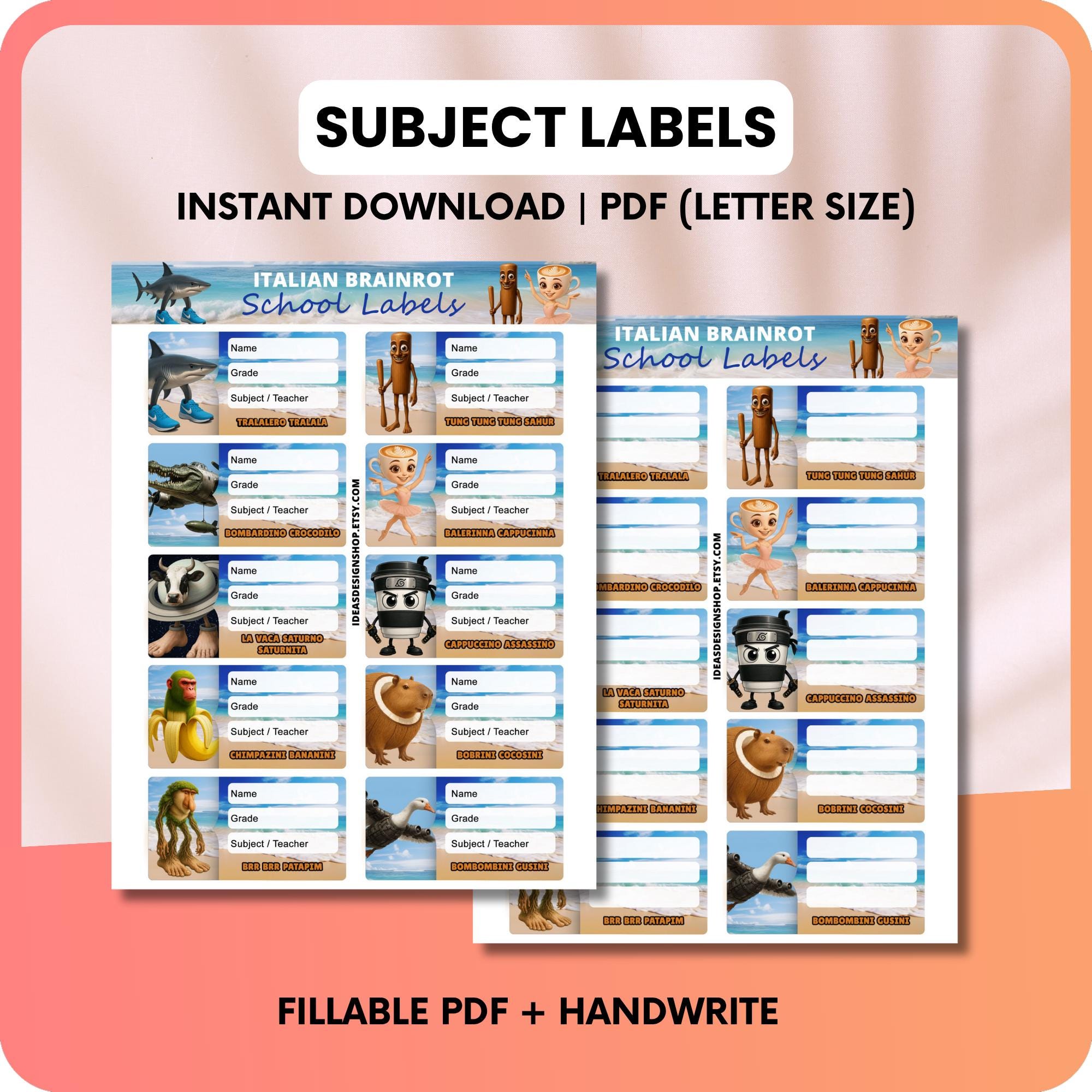Italian Brainrot School Labels: Printable PDF Name Tags (digital ...
