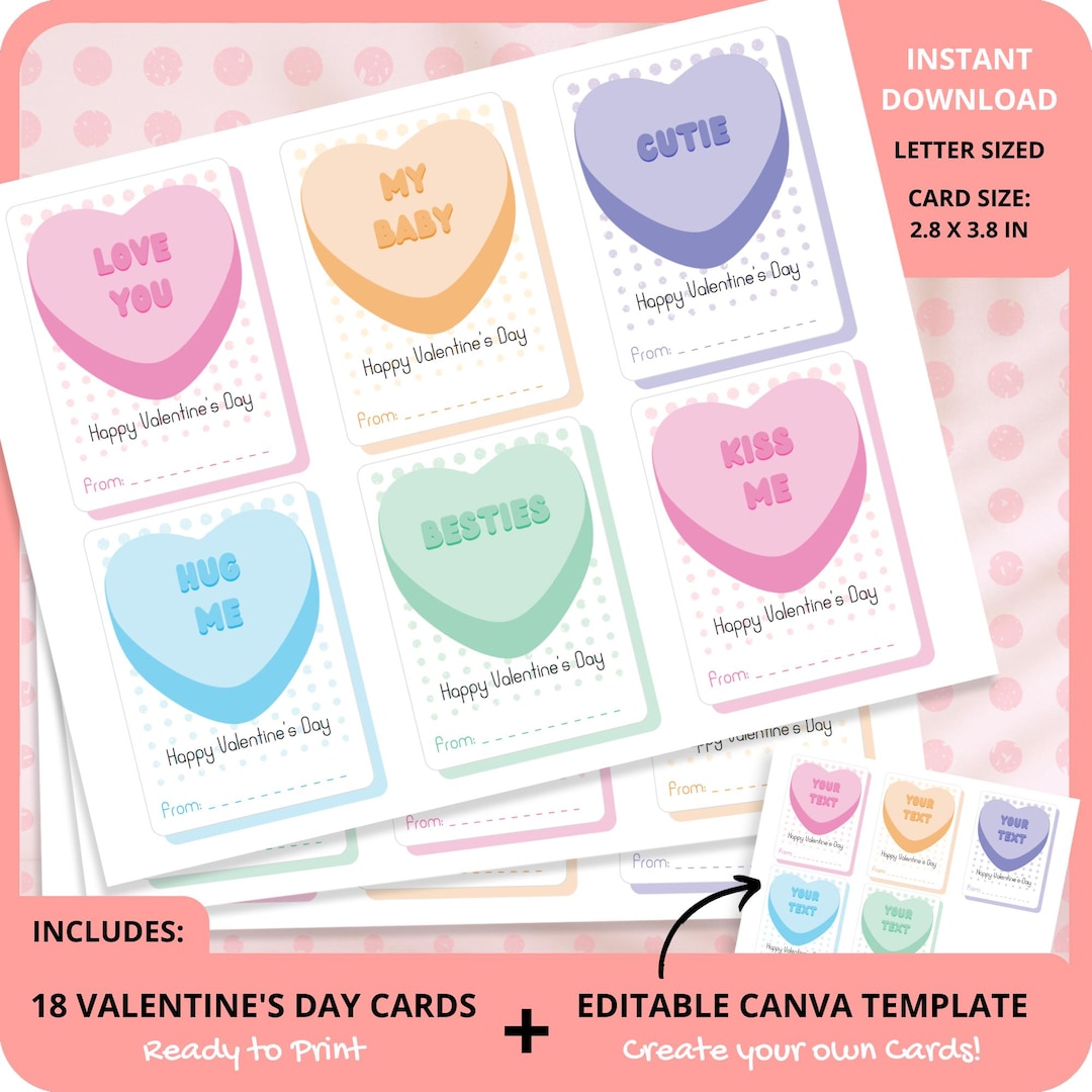 Conversation Hearts Valentine Cards: Tween/teen Printable (canva ...
