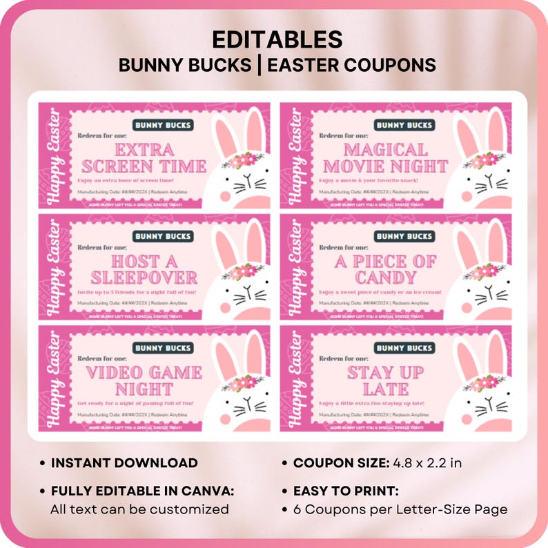 Editable Easter Bunny Bucks & Easter Coupons. Canva Template. Instant ...