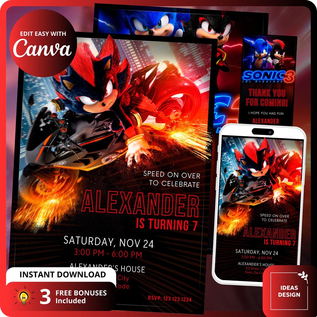 Sonic 3 Shadow Invitation Template 2024 Easily Edit in Canva Shadow ...