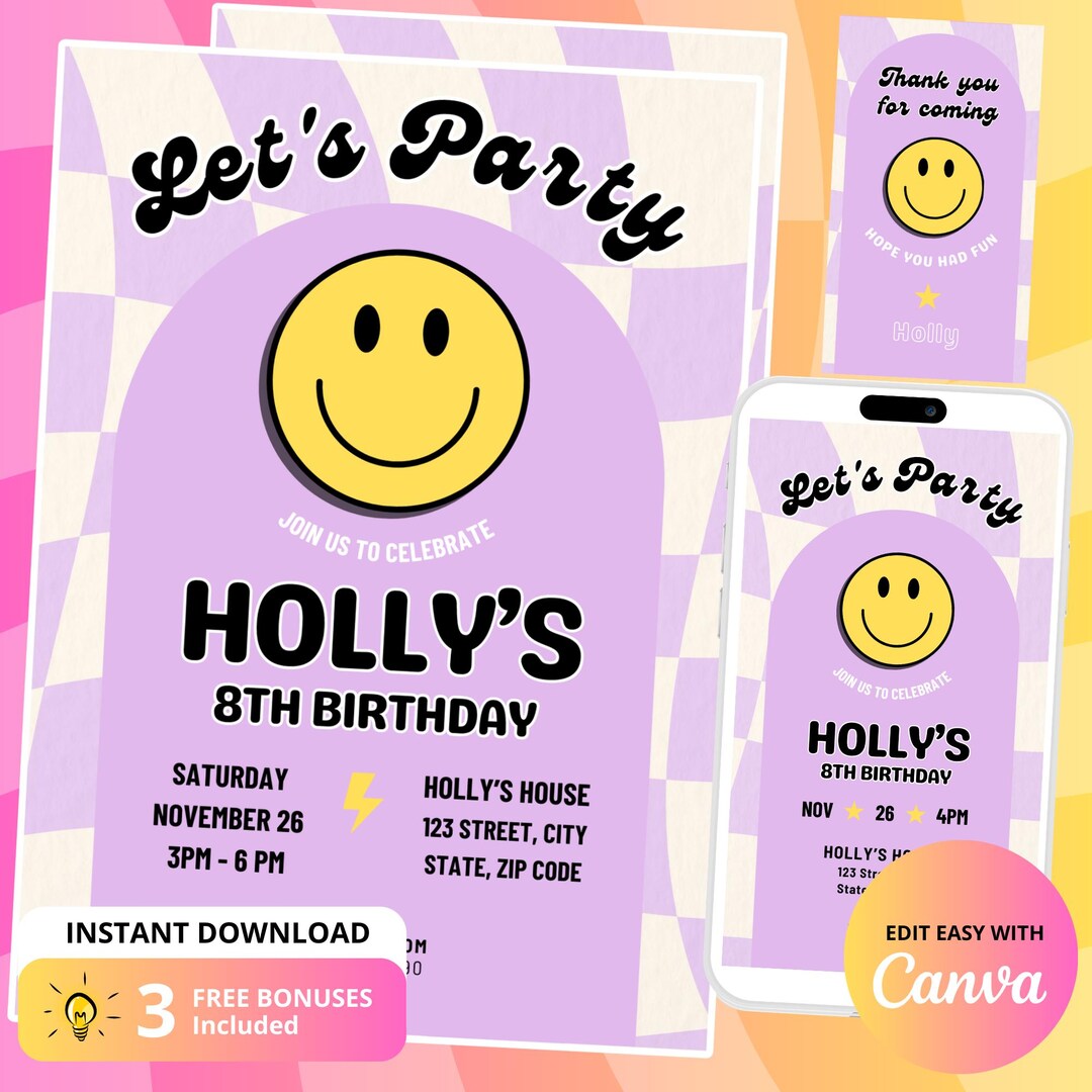 Smiley Face Birthday Invitation | Let’s Party Invite | Canva Template ...