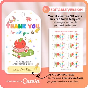 Teacher Appreciation Gift Tag: Editable Thank You Template (printable ...