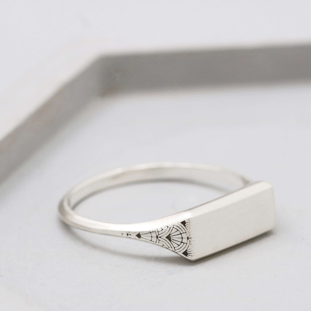 Engraved Sterling Silver Rectangle Signet Ring - Deco Arc - Etsy