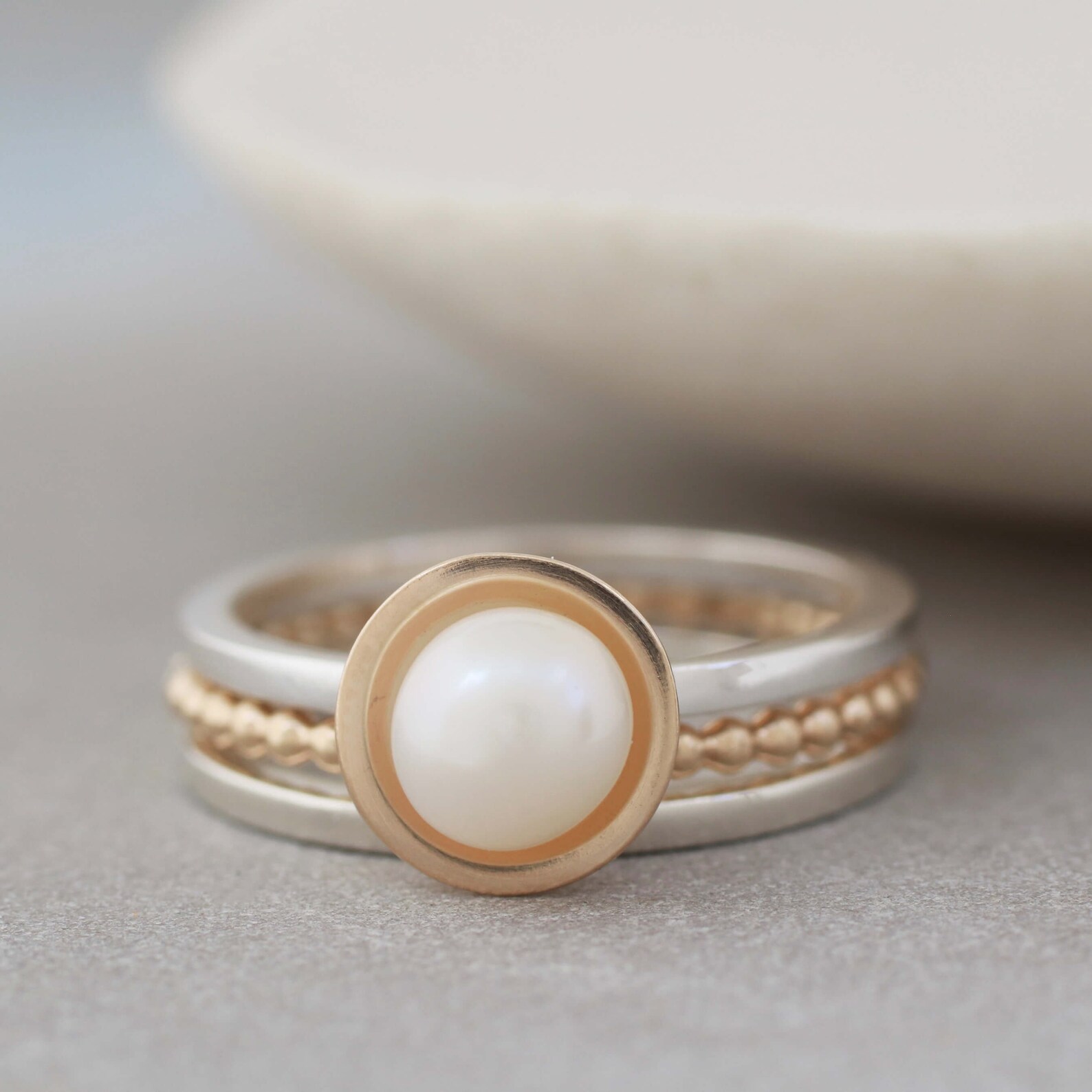 Silver and 9ct Gold Pearl Stacking Ring Set - Etsy UK
