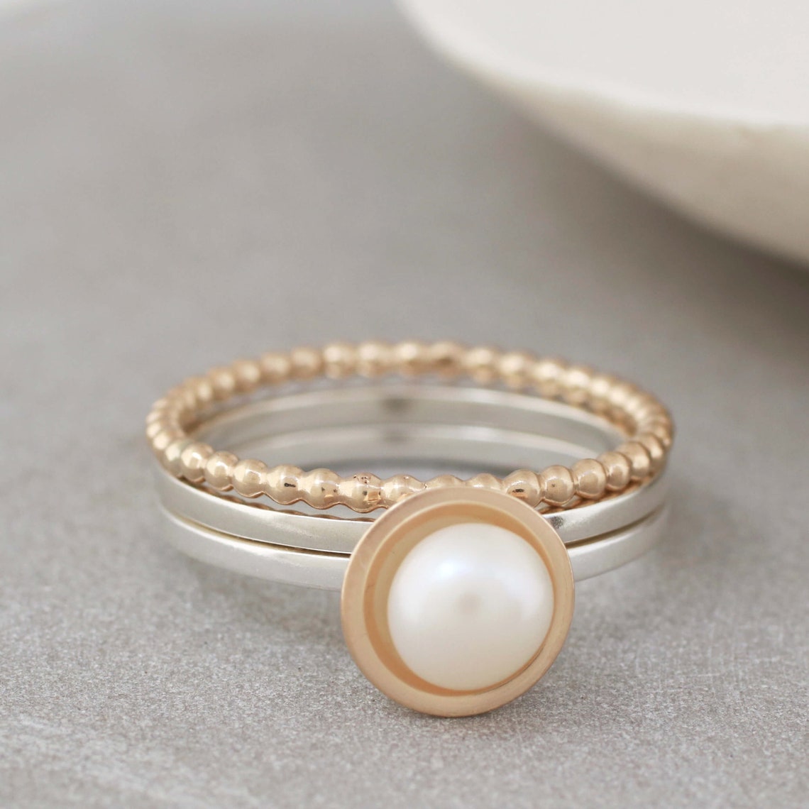 Silver and 9ct Gold Pearl Stacking Ring Set - Etsy UK
