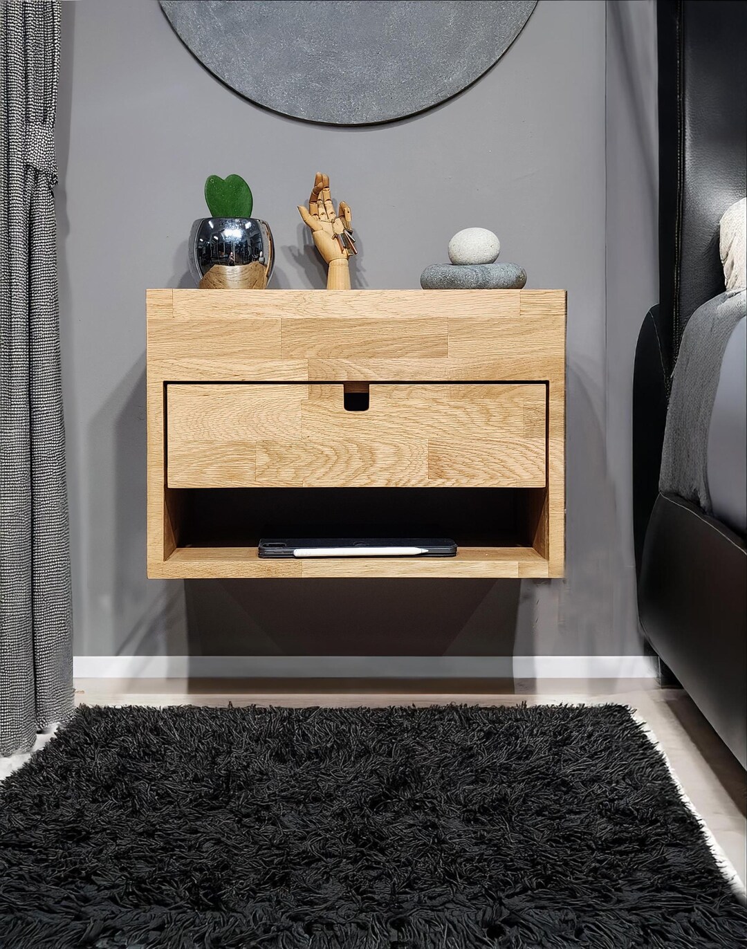 Solid Oak Floating Nightstand: Minimalist Bedside Table With Drawers - Etsy