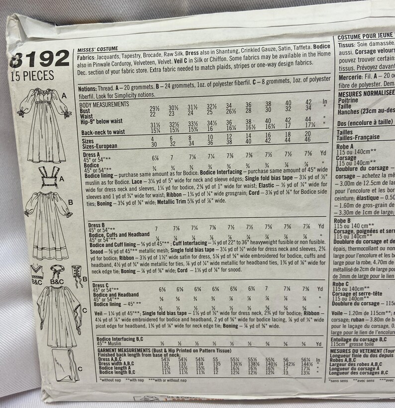 Simplicity 8192 Renaissance Dress Costumes Pattern Size 16,18,20 Plus ...