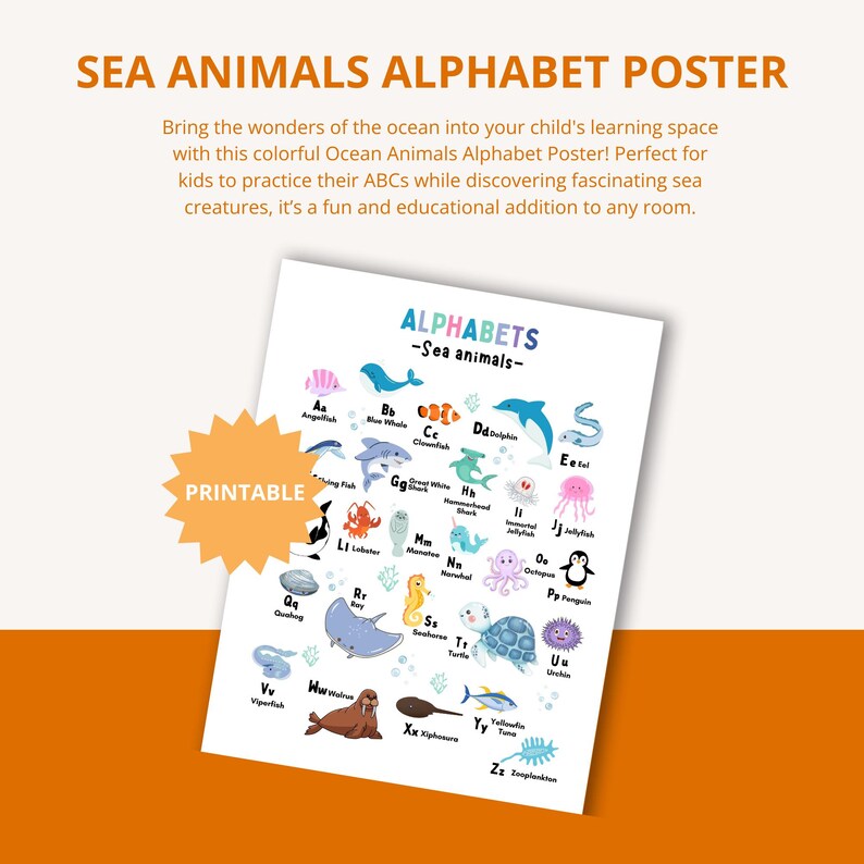 Sea Animals Alphabet Poster – Printable – Educational Sea Life Wall Art ...