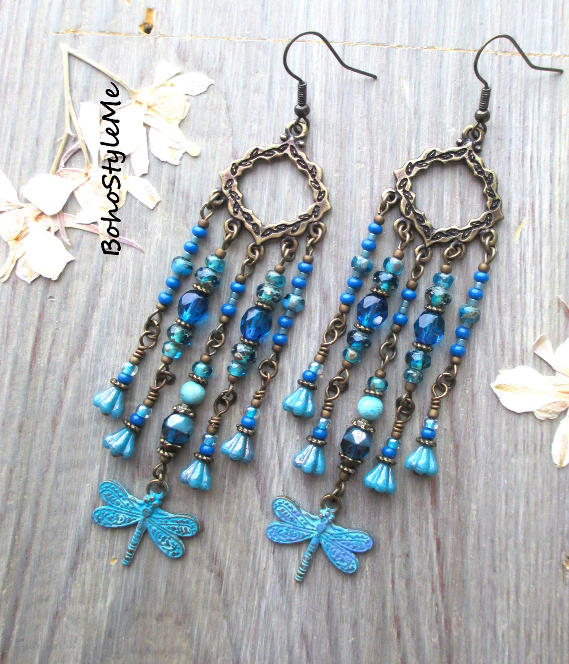 Indigo River, Boho Style Me Long Blue Beaded Dragonfly Earrings, Bohemian Jewelry, Bohostyleme ...
