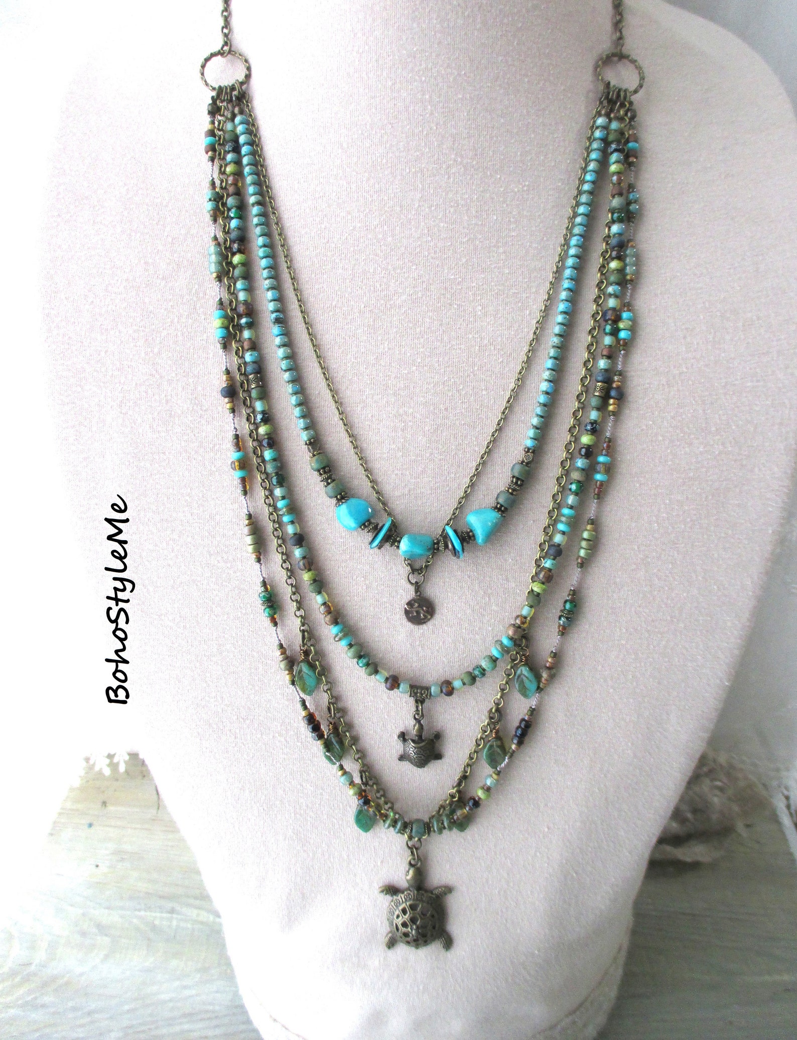 Sea Turtle Beach Boho Style Me Blue Green Beaded Handmade Layering